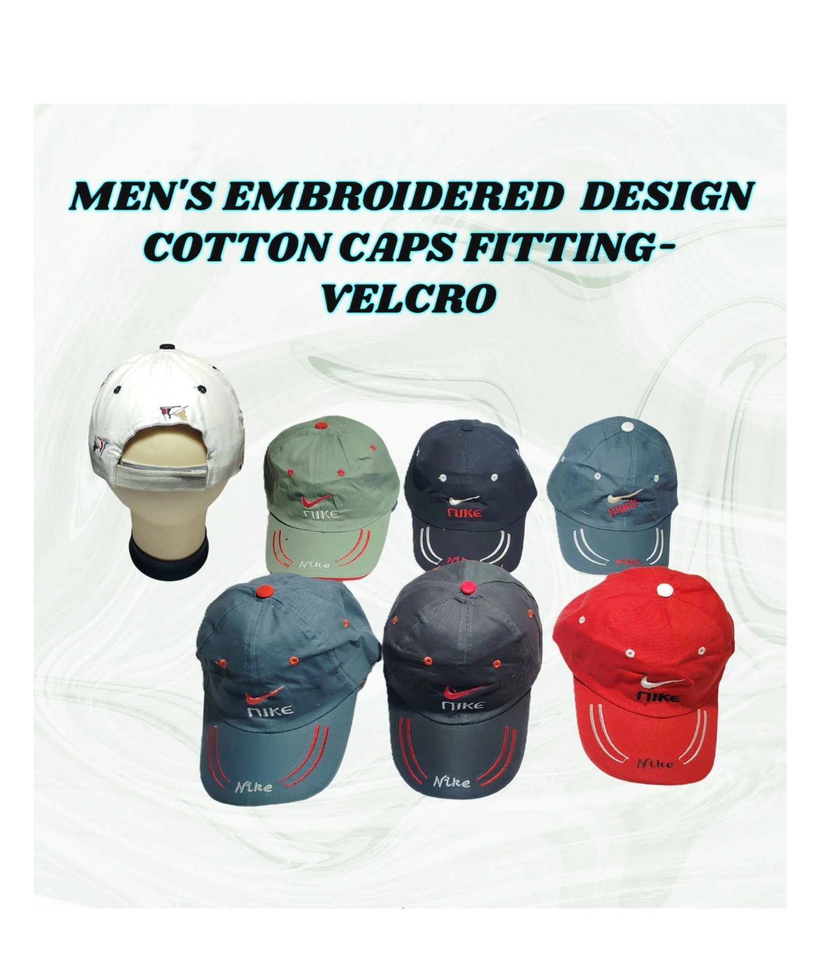 MEN'S EMBROIDERED DESIGN COTTON CAPS FITTING -VELCRO